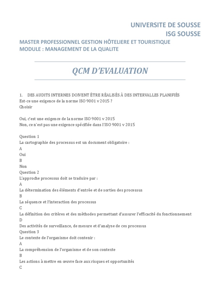 QCM Management de la Qualité ISO 9001 | PDF | Management de la qualité ...
