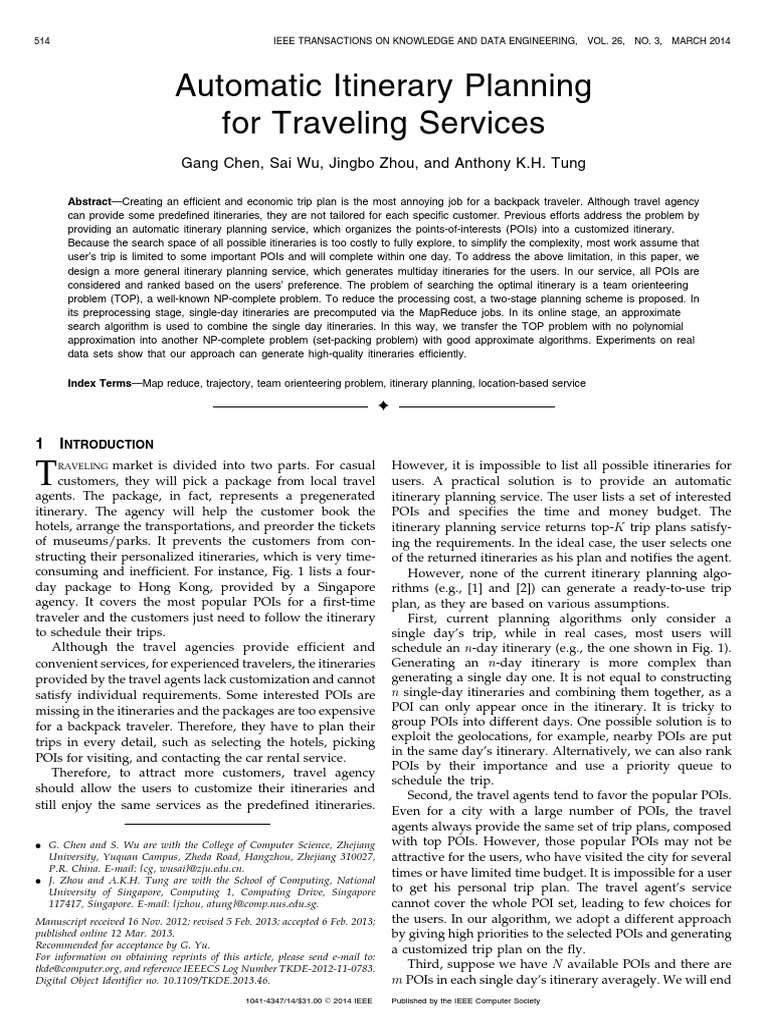 Automatic Itinerary Planning For Traveling Services: Gang Chen, Sai Wu, Jingbo Zhou, and Anthony ...