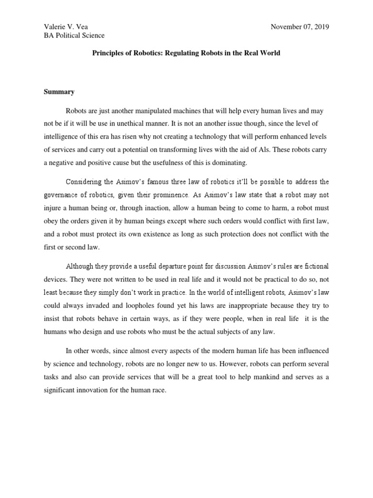 Principles of Robotics: Regulating Robots in The Real World | PDF