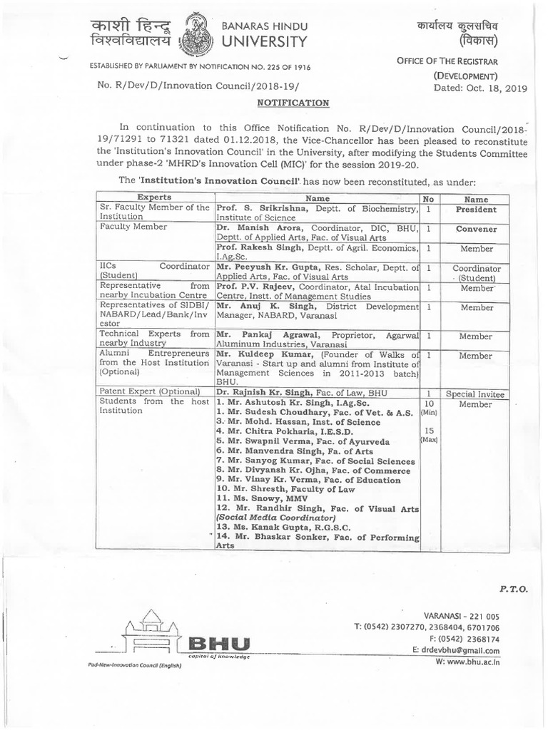 MHRD Innovation Cell Members BHU Varanasi | PDF