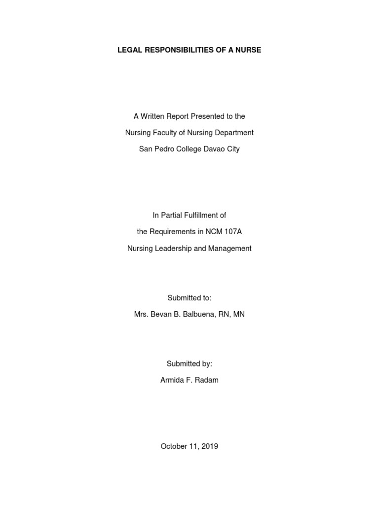 Legal Responsibilities of A Nurse - NCM 107A | PDF | Tort | Legal Concepts