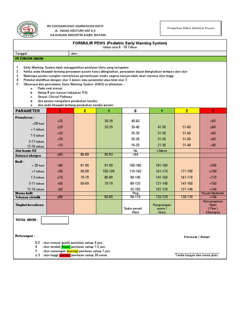 Lembar Observasi Pediatric Ews Chart No | PDF