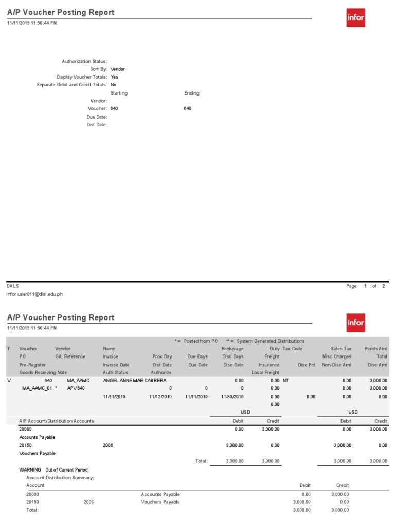 Single Vendor A/P Voucher Posting Report from November 11, 2019 | PDF ...