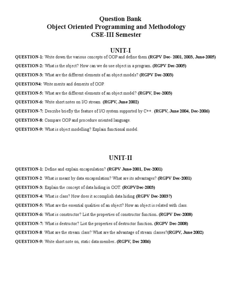 Question Bank Object Oriented Programming and Methodology CSE-III Semester Unit-I | PDF | Method ...