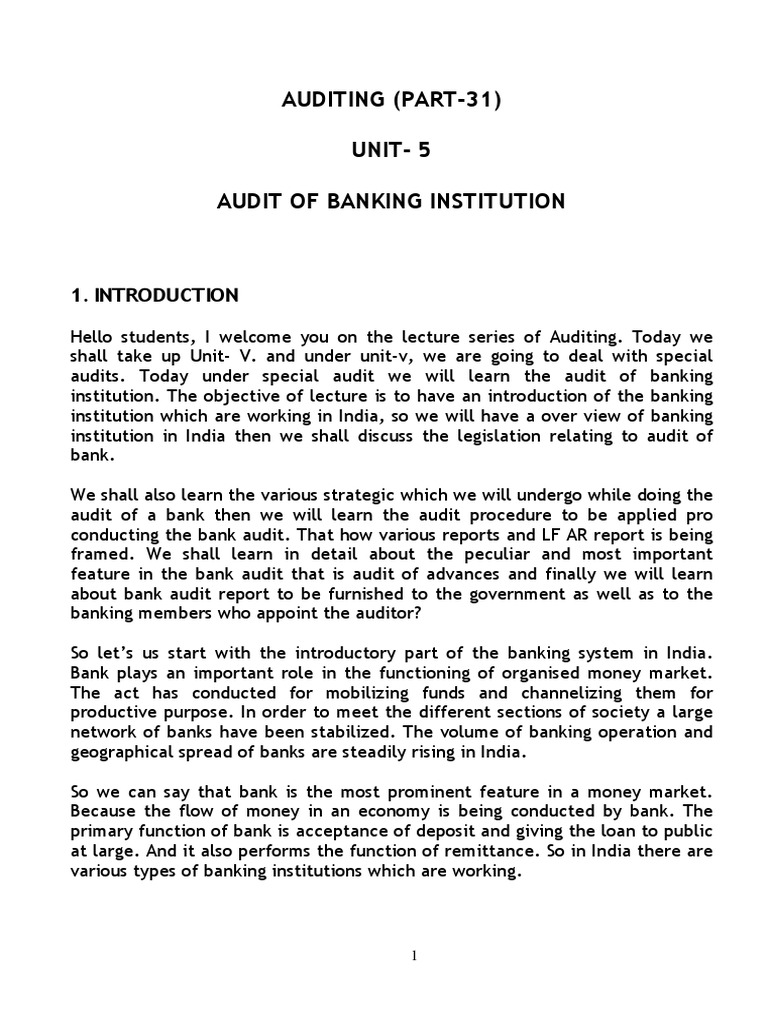 Auditing (Part-31) Unit-5 Audit of Banking Institution | PDF | Expense | Banks