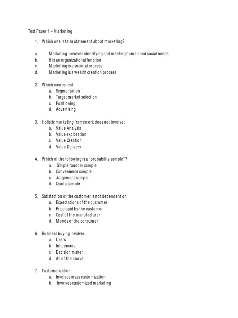 Test Paper 1 - Marketing | PDF | Marketing | Pricing