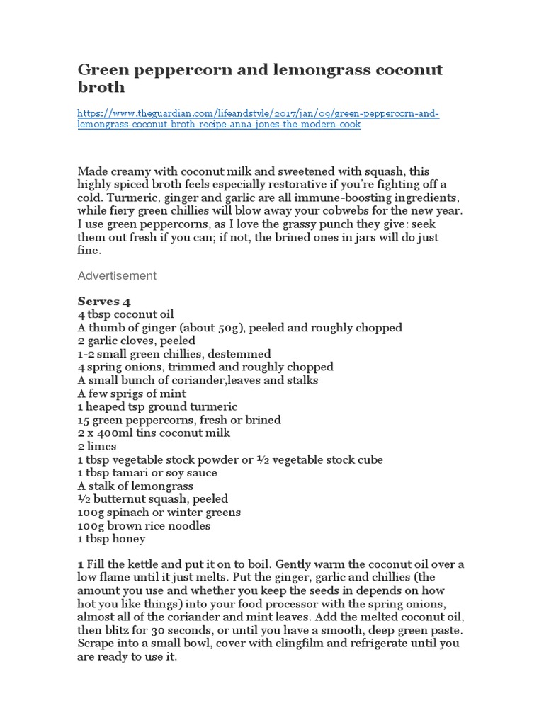 Green Peppercorn Lemongrass Broth Recipe | PDF | Ginger | Tofu