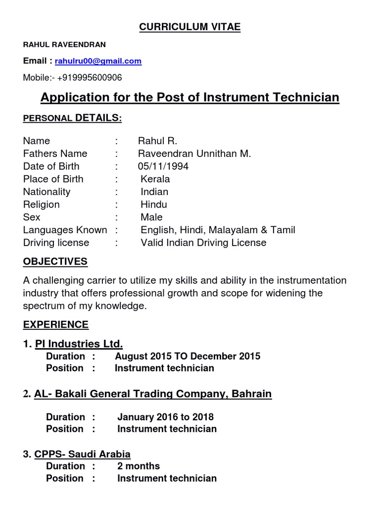 CV for Instrument Technician | PDF | Programmable Logic Controller | Instrumentation