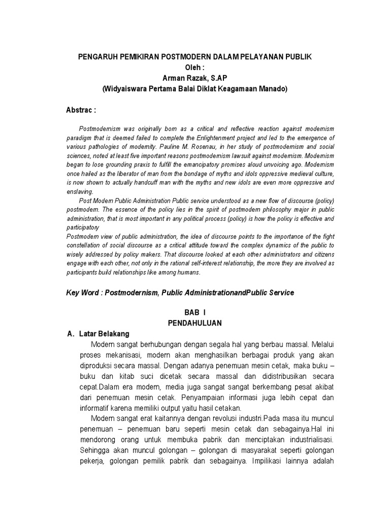 Pengaruh Pemikiran Postmodern Dalam Pelayanan Publik Oleh: Arman Razak ...