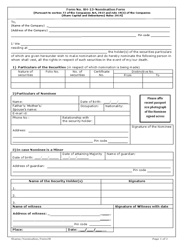 Form No. SH 13 Nomination Form PDF | PDF | Signature | Securities (Finance)