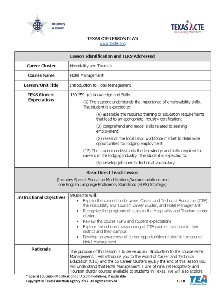Lesson Plan - Introductory Lesson - Hotel Management - 0 | PDF ...