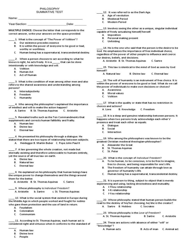 Philosophy Summative Test Questions | PDF | Free Will | Thomas Aquinas