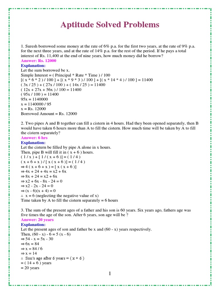 Aptitude Solved Problems: Answer: Rs. 12000 | PDF | Speed | Compound Interest