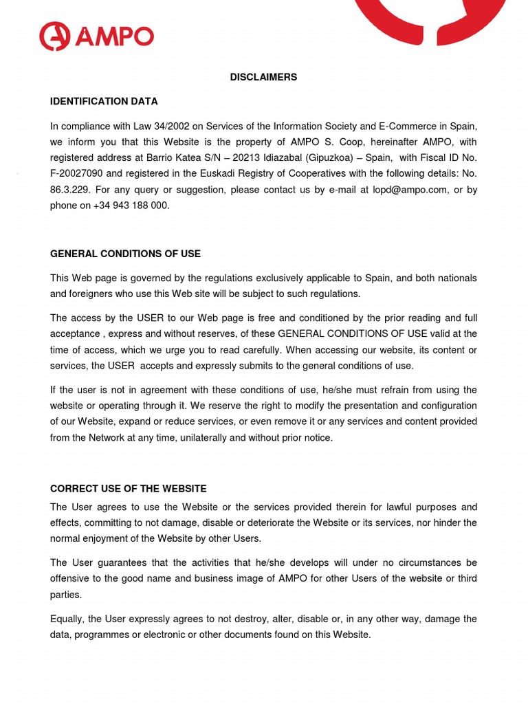 Disclaimers and Terms of Use for a Corporate Website | PDF | Websites ...