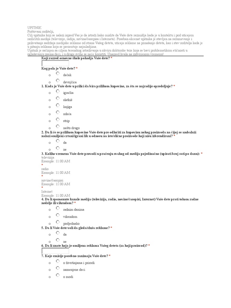 Primer Upitnika | PDF