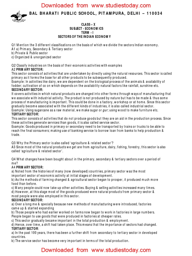 CBSE Class 10 Economics - Sectors of The Indian Economy | PDF ...