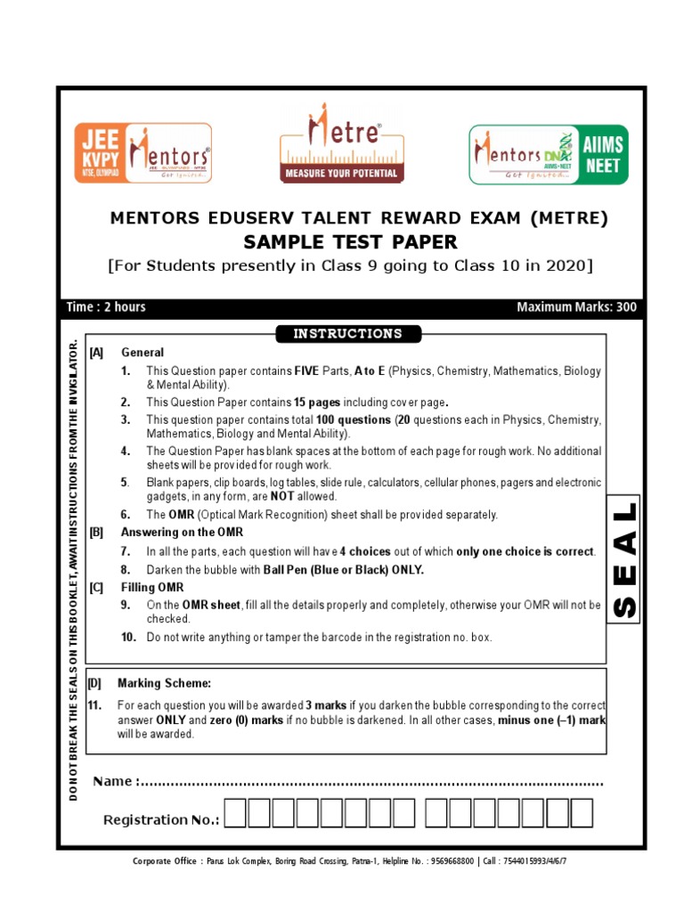 Sample Test Paper: Mentors Eduserv Talent Reward Exam (Metre) | PDF ...