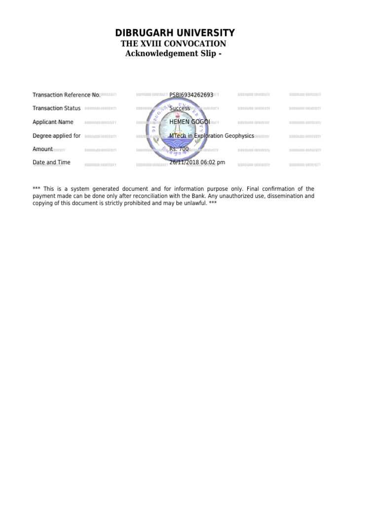 Dibrugarh University: The Xviii Convocation Acknowledgement Slip | PDF