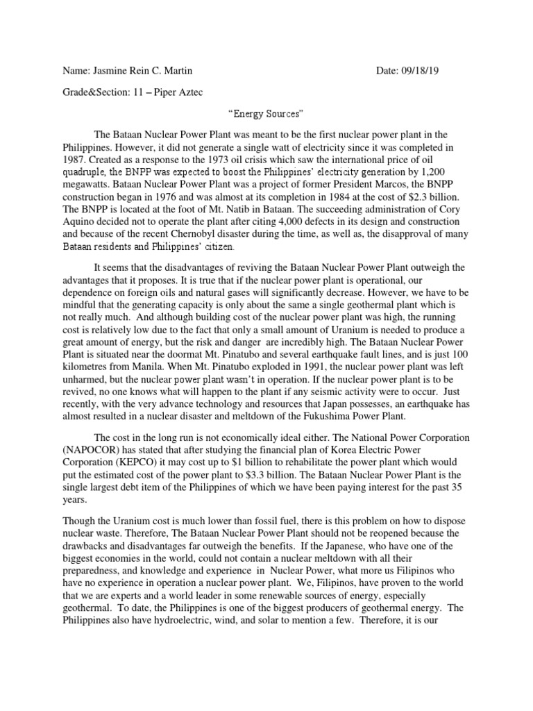Reaction Paper Nuclear Power Plants | PDF | Nuclear Power | Renewable ...
