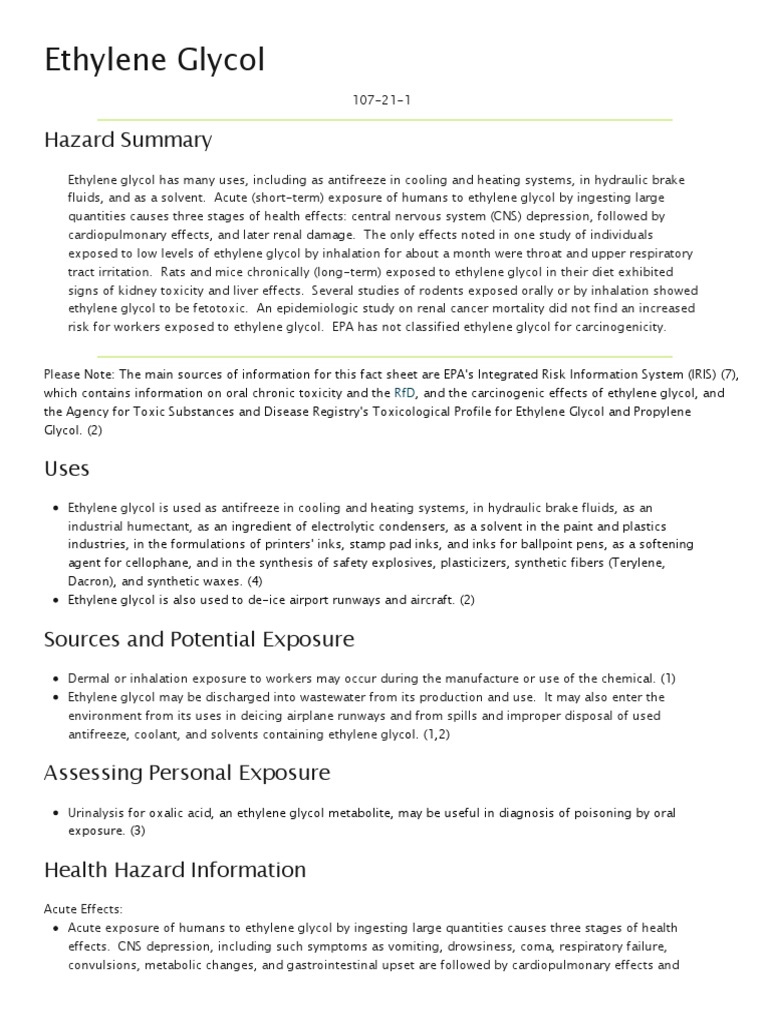 Ethylene Glycol: Hazard Summary | PDF | Toxicity | Occupational Safety ...