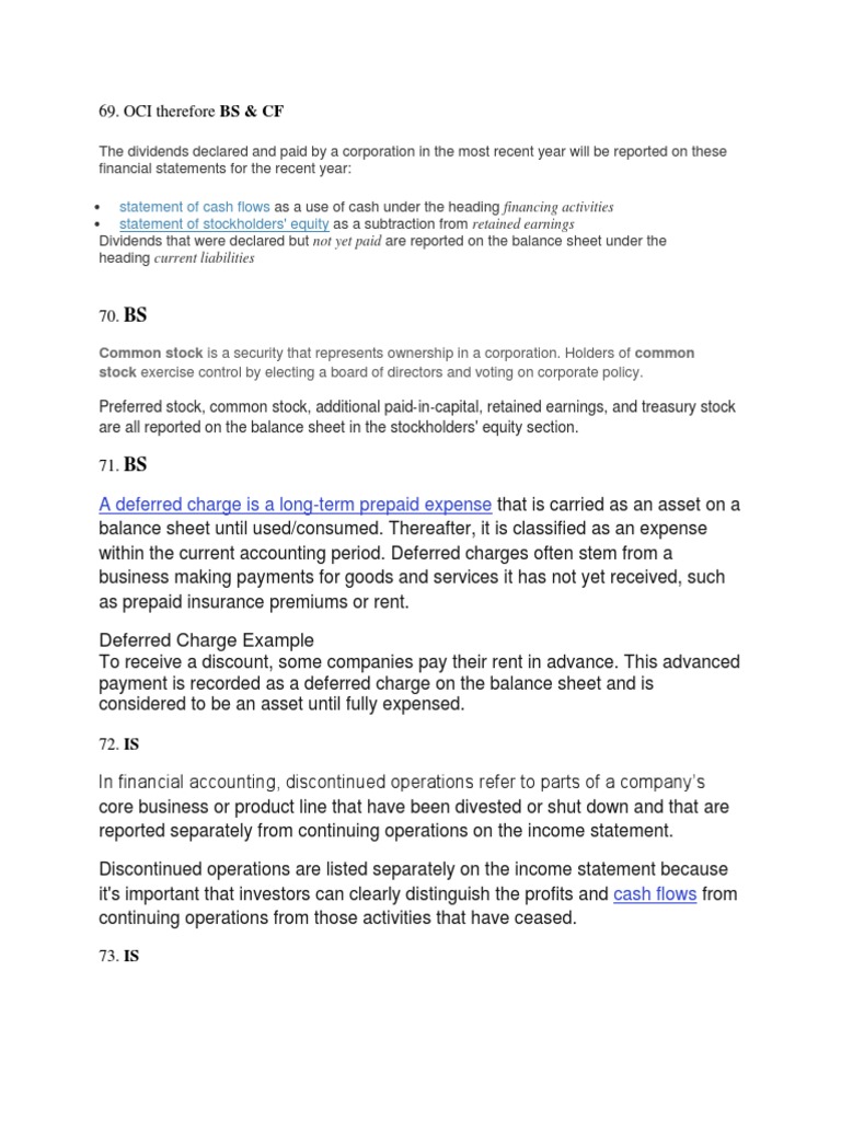 OCI Therefore BS & CF: A Deferred Charge Is A Long-Term Prepaid Expense ...