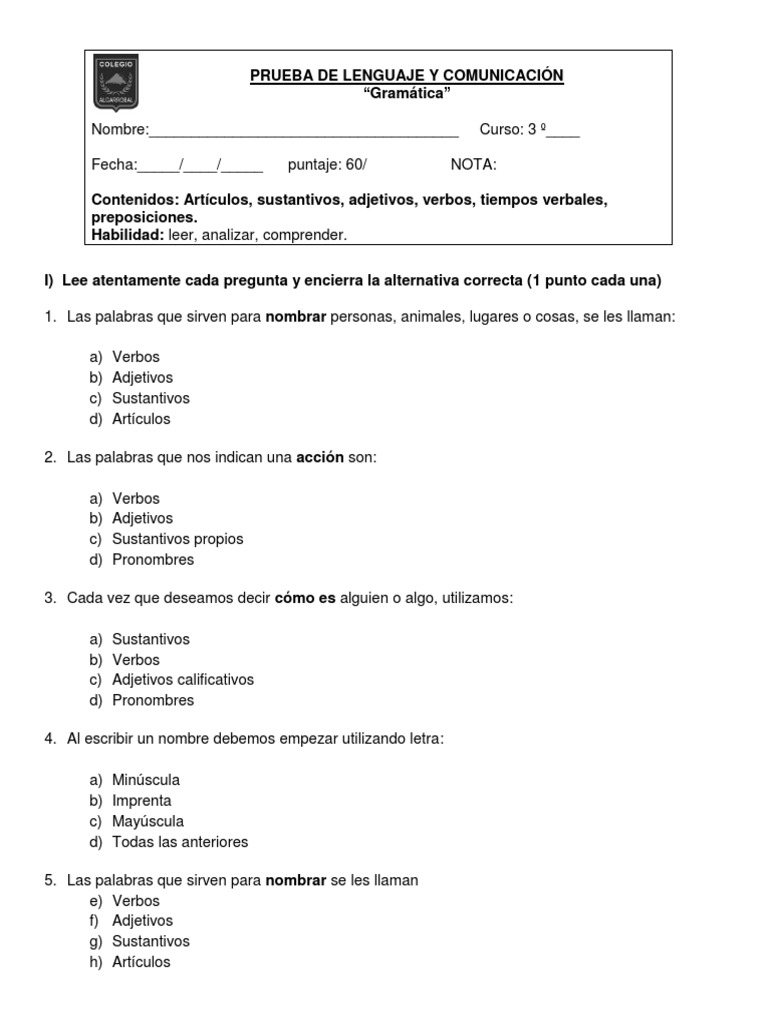 Prueba Gramatica | PDF | Sustantivo | Adjetivo