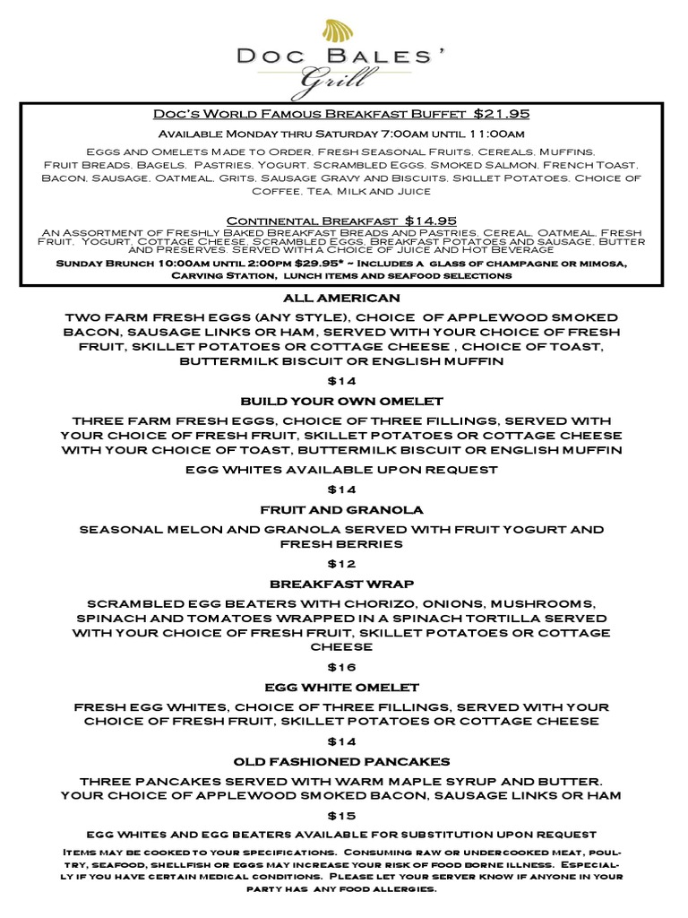 Doc's World Famous Breakfast Buffet Menu - Featuring a Variety of ...
