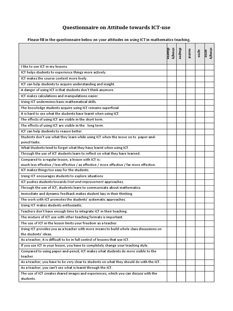 ICT Attitude Questionnaire for Teachers | PDF | Educational Technology ...