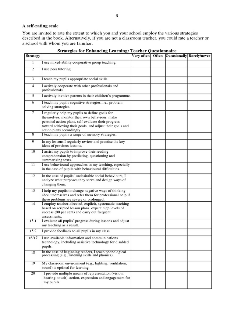 A Self-Rating Scale: Strategy Very Often Often Occasionally Rarely ...