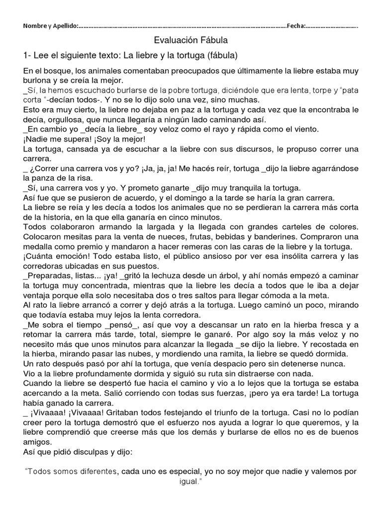 Evaluación de Fábulas para Niños | PDF | Poesía