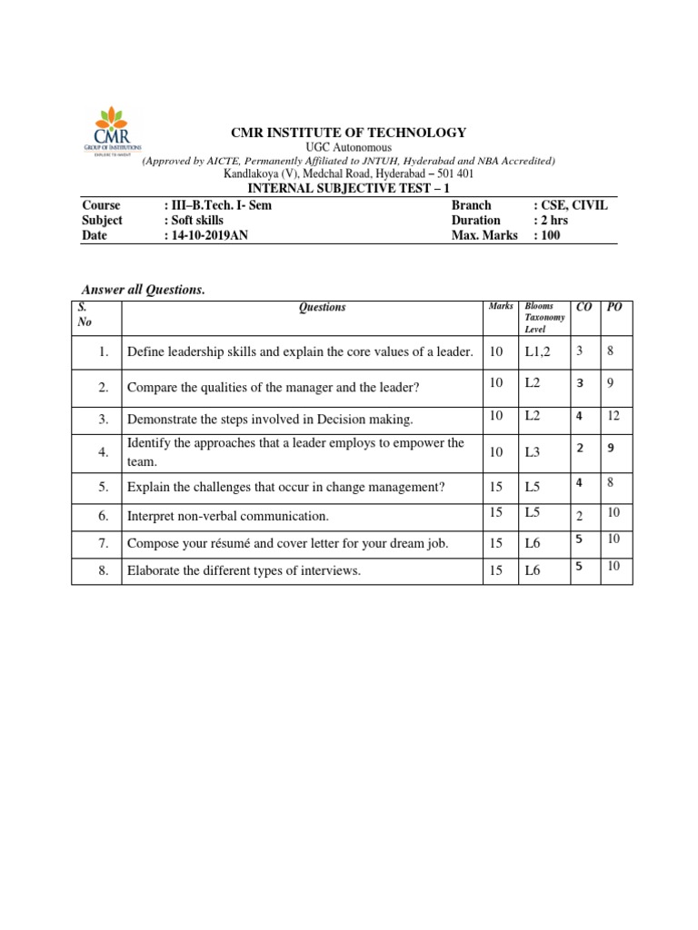 III Yr Mid 2 Soft Skills Question Paper 2019 | PDF