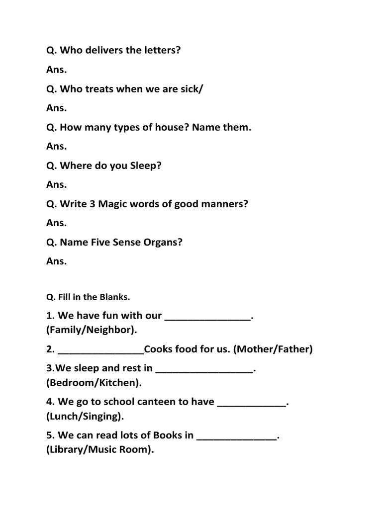 Elementary Questions about Daily Life, Manners, the Home, School, and ...