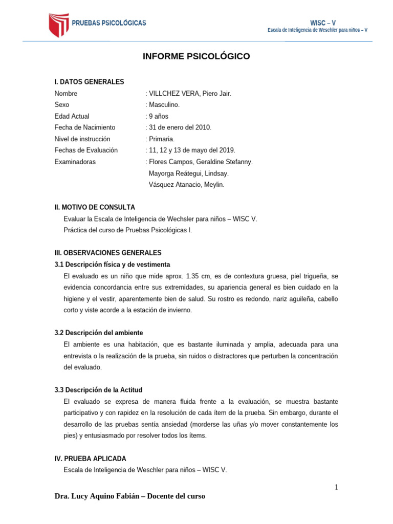 Informe Psicológico - Wisc V | PDF | Cociente de inteligencia | Memoria de trabajo