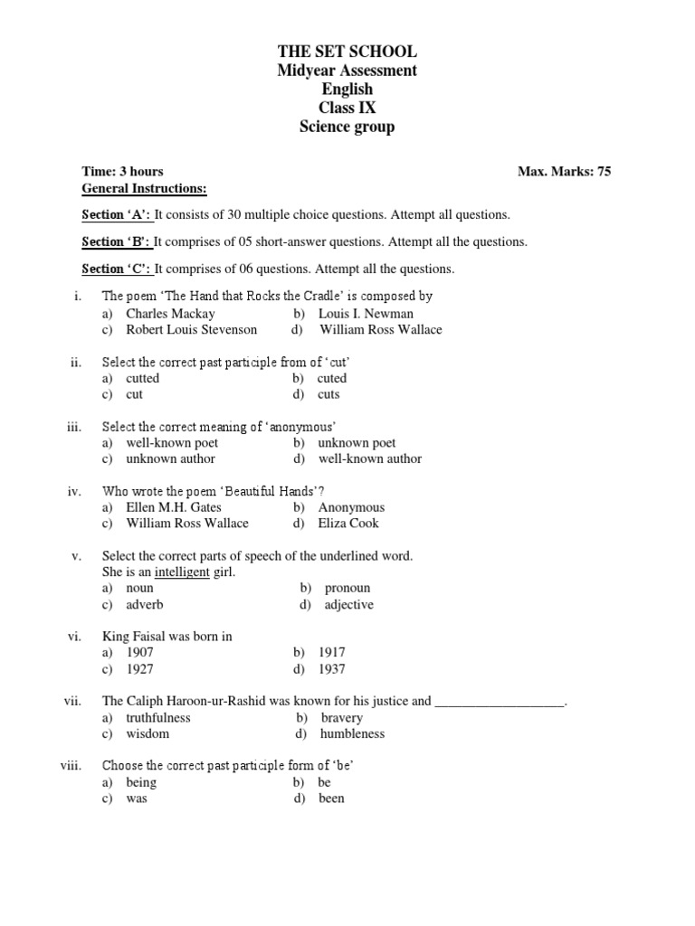 The Set School Midyear Assessment English Class IX Science Group | PDF ...
