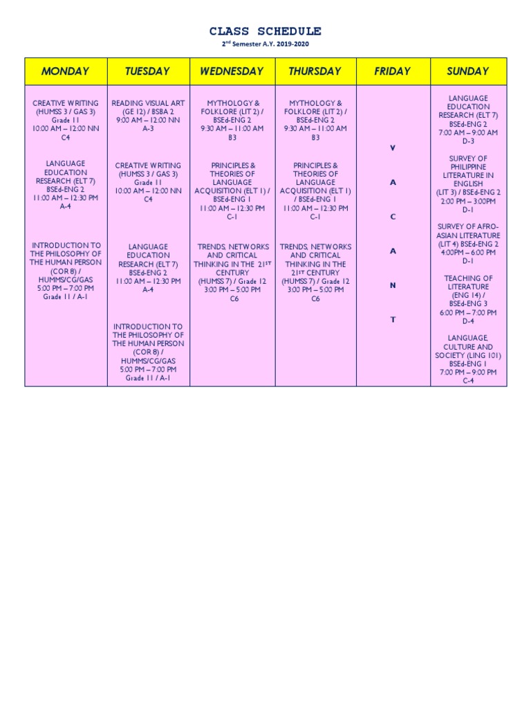 Class Schedule: Monday Tuesday Wednesday Thursday Friday Sunday | PDF ...