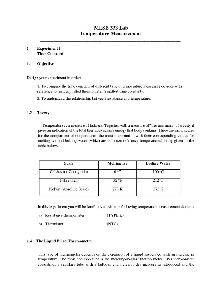 MESB 333 Lab Temperature Measurement | PDF | Thermometer | Electrical ...