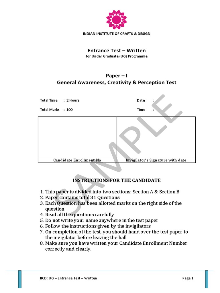 Indian Institute of Crafts & Design entrance exam paper assessing ...