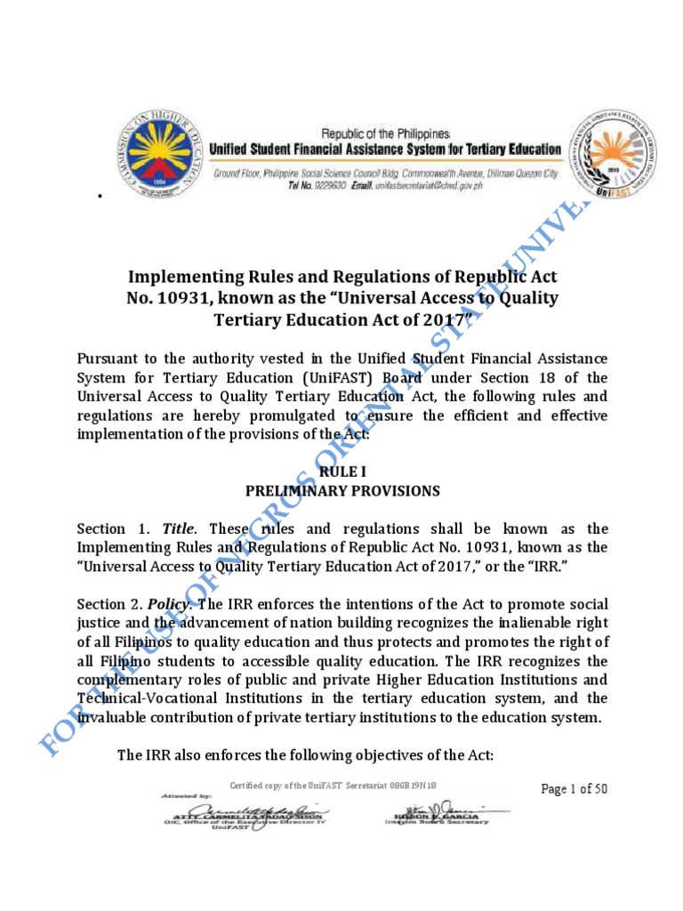 Implementing Rules and Regulations (IRR) of R. A. No. 10931 (NORSU ...