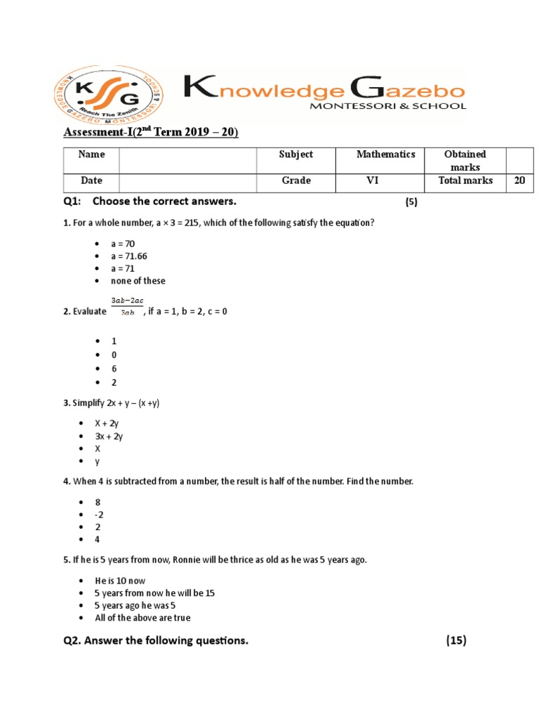 Grade 6 Assessment 1 | PDF