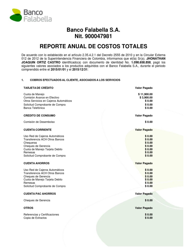 Certificacion - Reporte Anual de Costos 201520160525 - 234325 PDF | PDF | Tarjeta de débito | Bancos