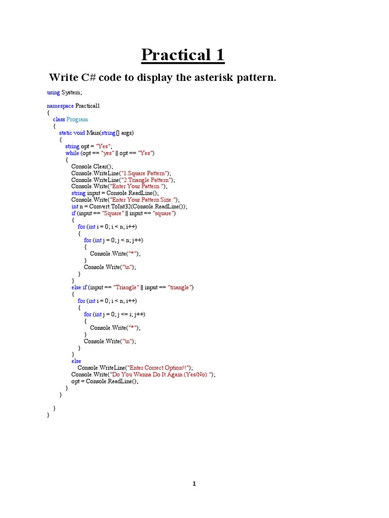 Practical 1: Write C# Code To Display The Asterisk Pattern | Download Free PDF | C Sharp ...