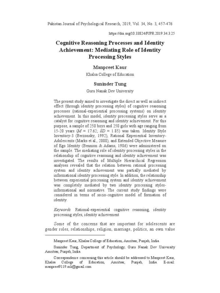 Cognitive Reasoning Process | PDF | Identity (Social Science) | Adolescence
