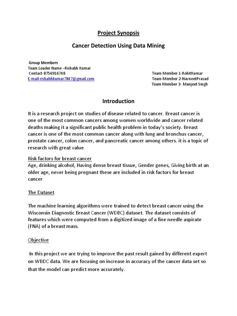 Project Synopsis On Breast Cancer Detection Using Data Mining Pdf