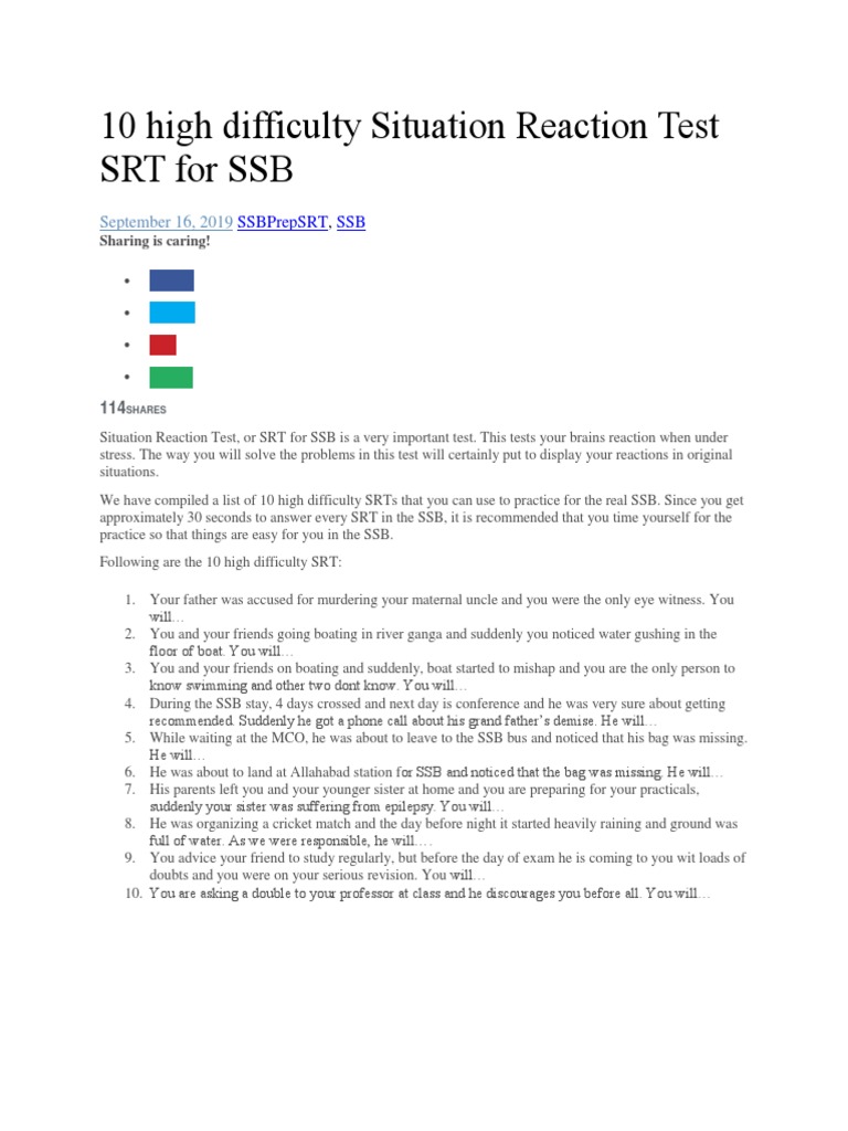 10 High Difficulty Situation Reaction Test SRT For SSB: September 16 ...