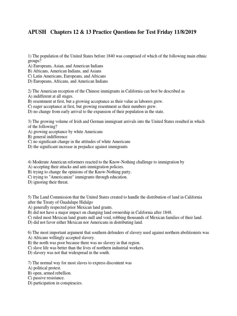 APUSH CH 12 13 Test Practice Questions | PDF | Abolitionism In The ...