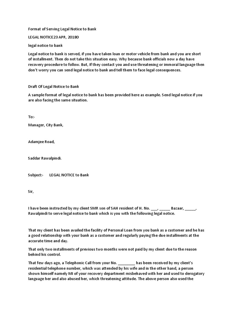 Legal Notice Format to Bank | PDF | Banks | Virtue