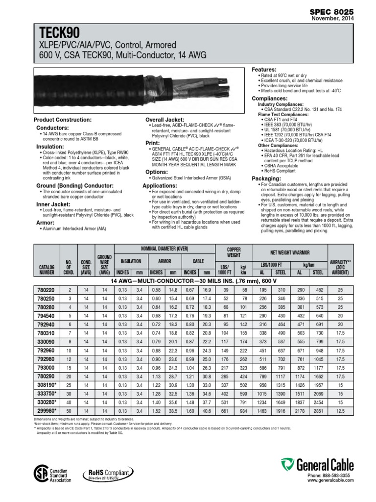 TECK90: XLPE/PVC/AIA/PVC, Control, Armored 600 V, CSA TECK90, Multi ...