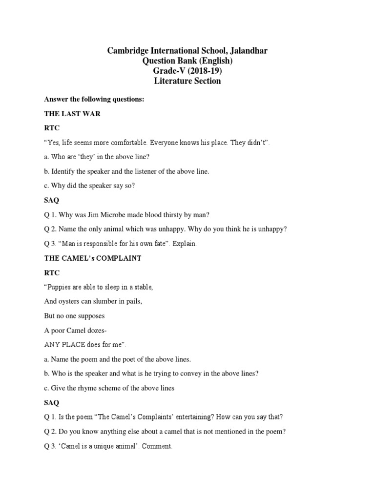 Grade V English Question Bank 2018-19 | PDF | Young Adult | General Fiction