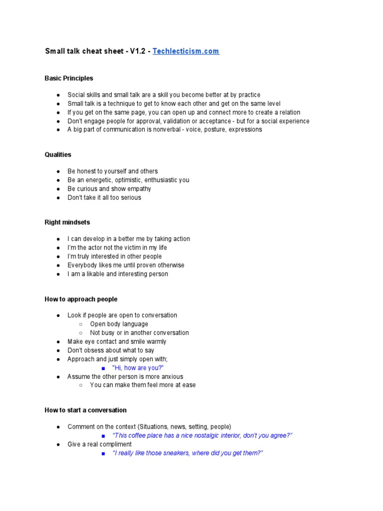 Small Talk Cheat Sheet | PDF | Body Language | Nonverbal Communication