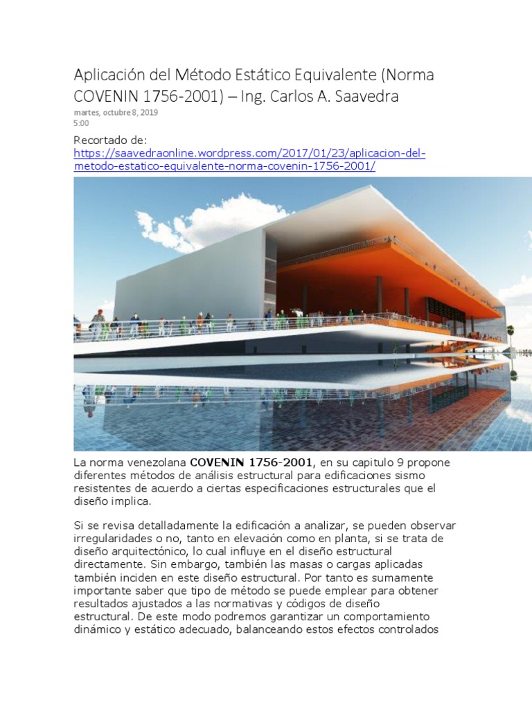 Aplicación Del Método Estático Equivalente (Norma COVENIN 1756-2001) - Ing. Carlos A. Saavedra ...